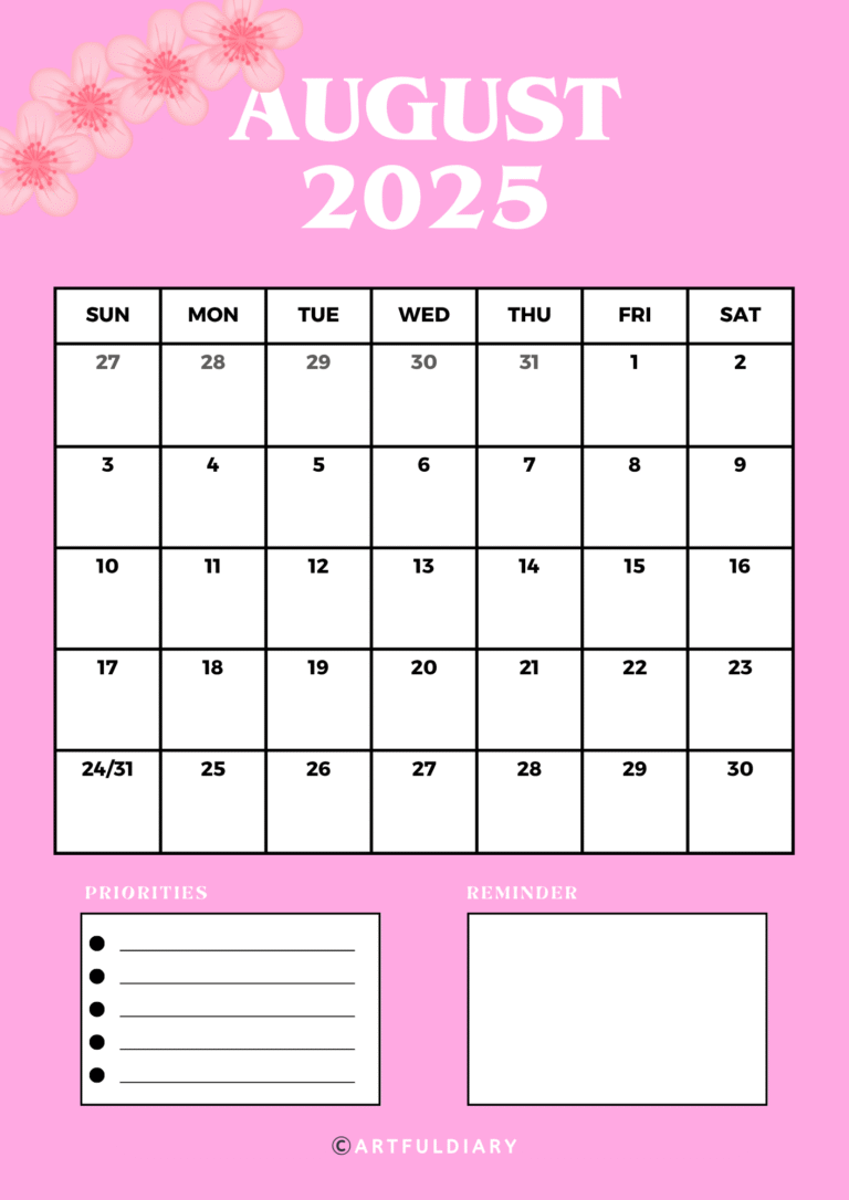 10+ Free August 2025 Printable Calendar PDFs - artfuldiary.com