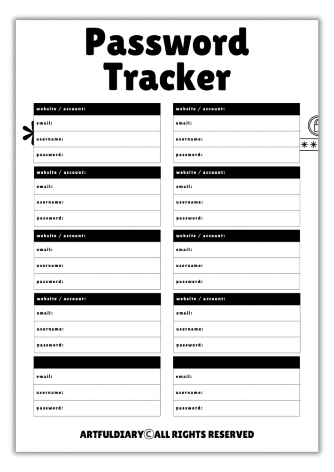 Free Password Tracker Printable Template - artfuldiary.com