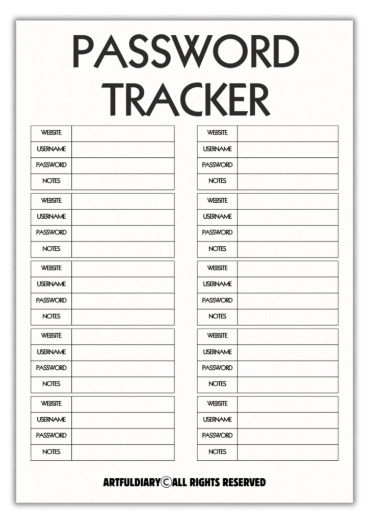 Free Password Tracker Printable Template - artfuldiary.com