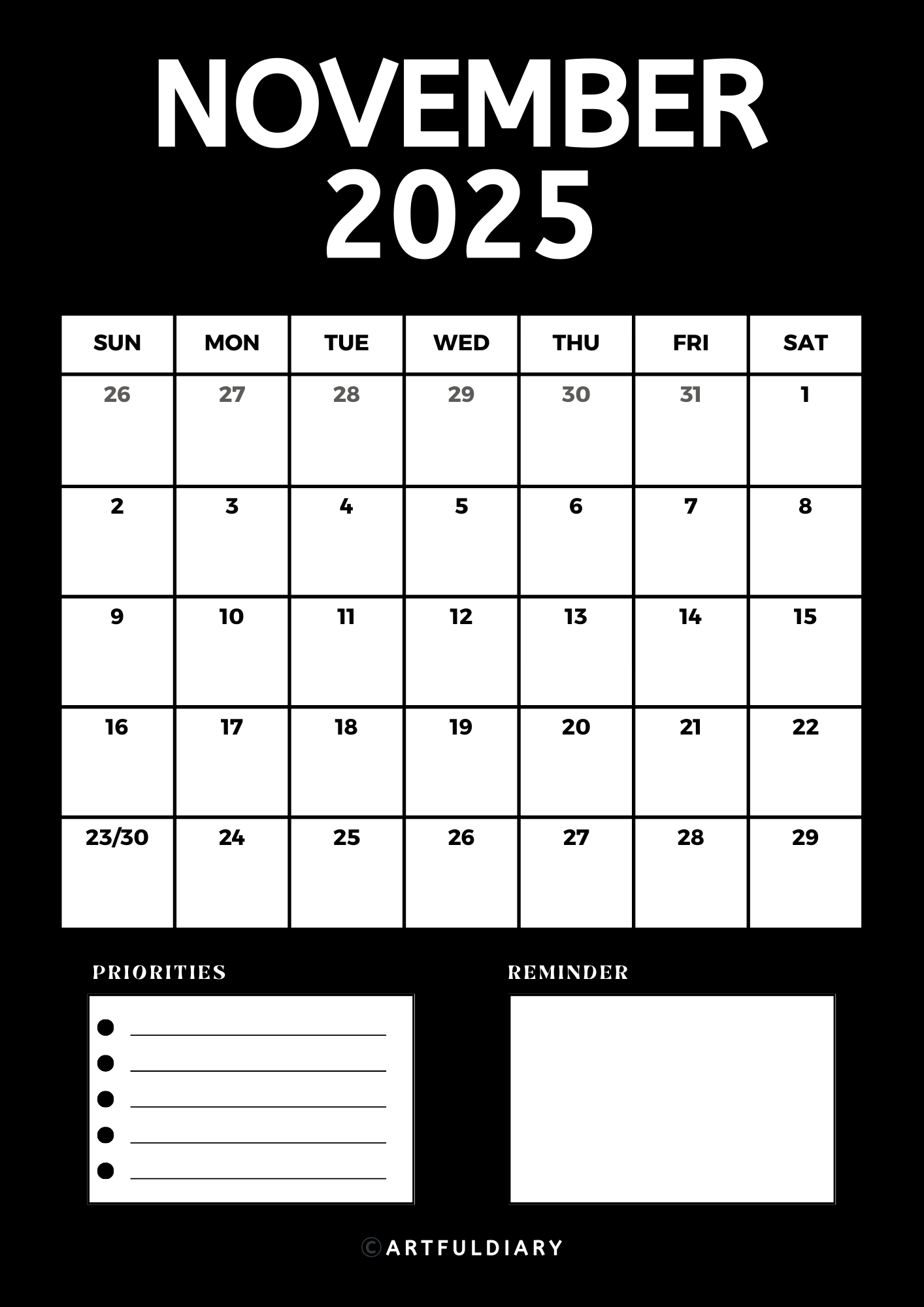 10+ Free November 2025 Printable Calendar PDFs - artfuldiary.com