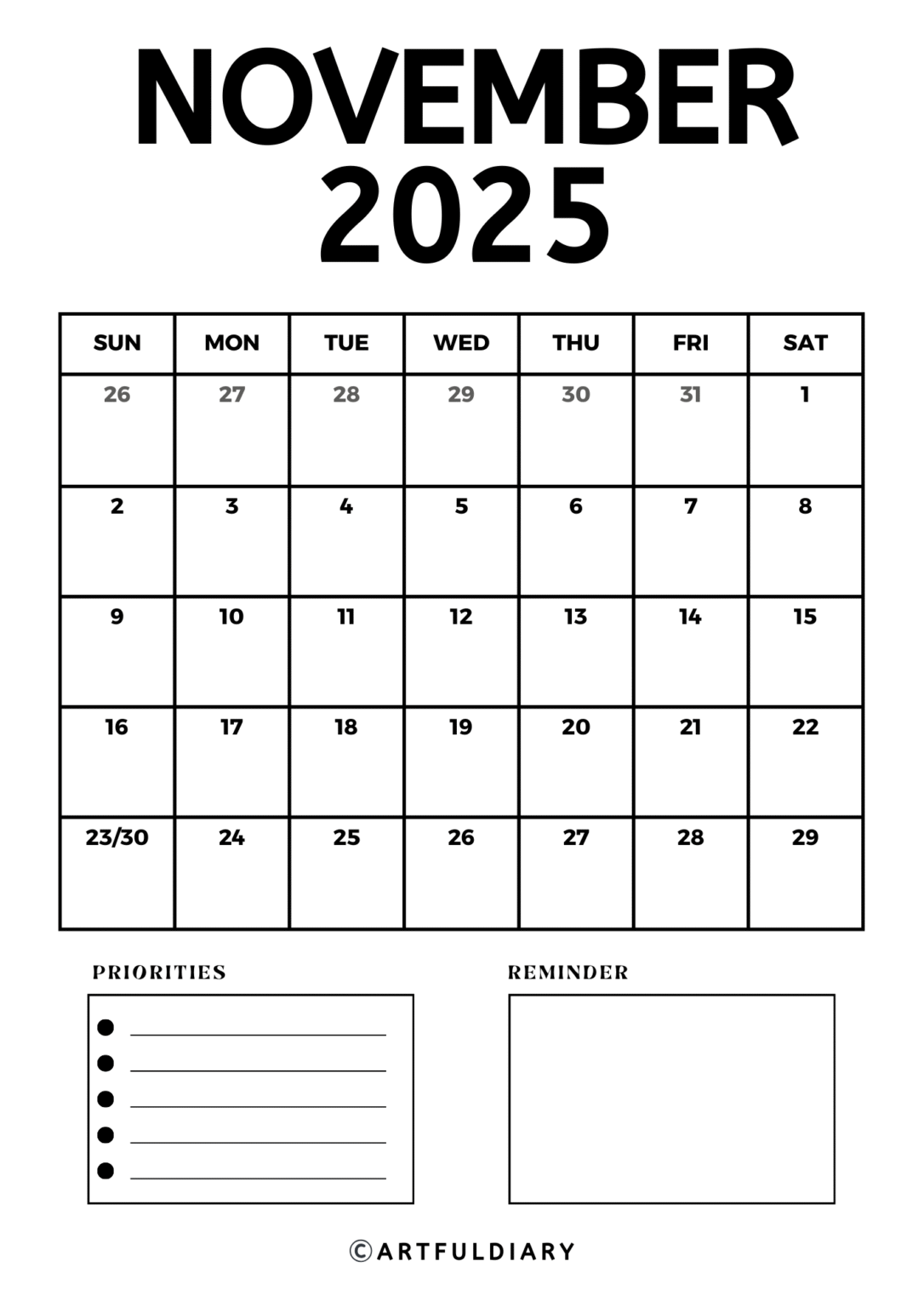 10+ Free November 2025 Printable Calendar PDFs - artfuldiary.com